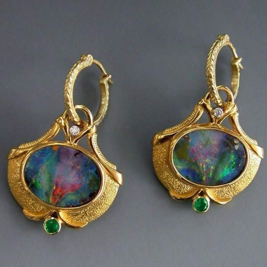 Elegant Leaf Design With Synthetic Blue-Green Iridescent Opal Decor ...