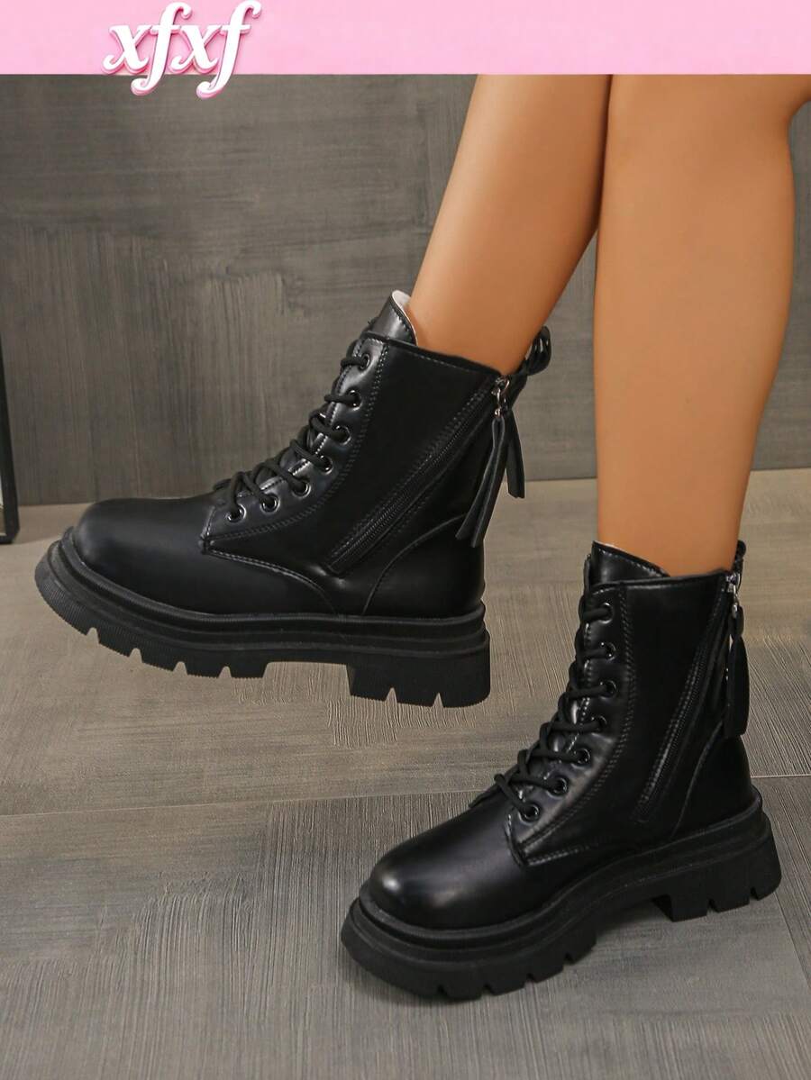 XfxfA Pair Of Fashionable Women's Side Zipper Thick Soled Lace Up Boots ...