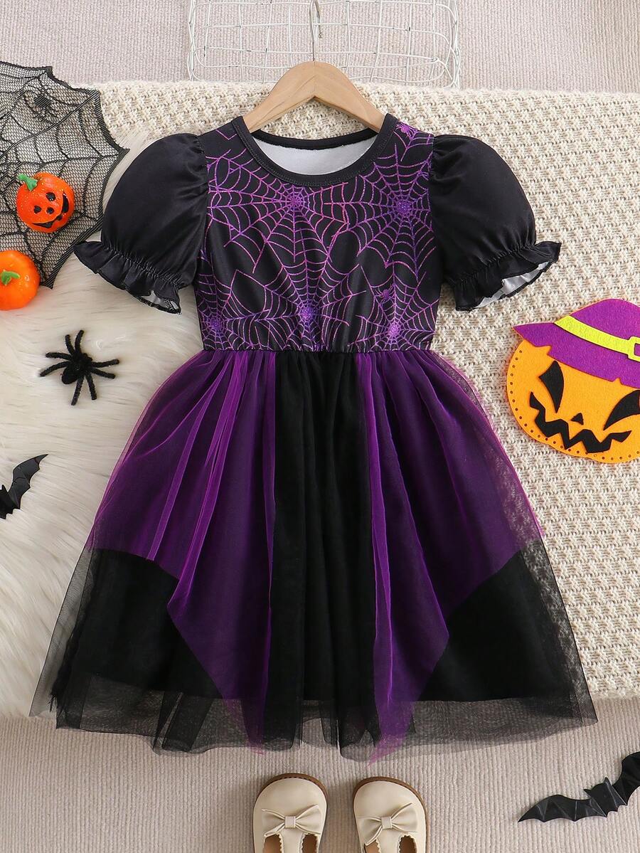 Halloween Girls Toddler Dress, Cute Casual Purple Spider Web Print ...
