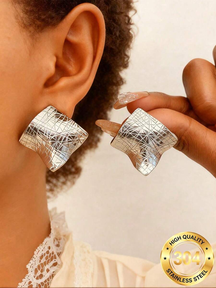 MONALLY Stainless Steel Irregular Geometric Earrings With Texture ...
