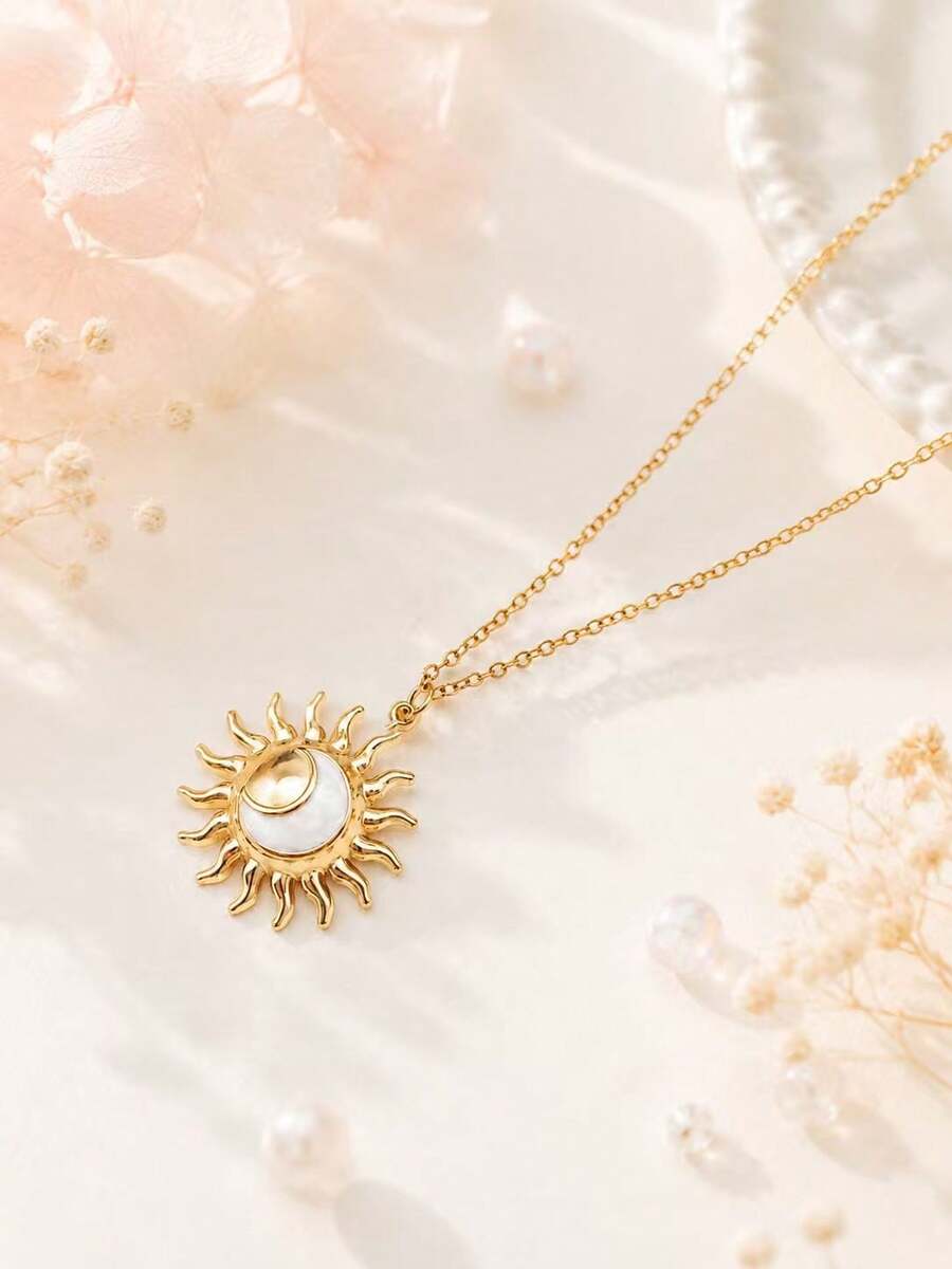 1pc Stainless Steel 18K Gold Plated Vintage Sun & Moon Oil Drop Pendant ...