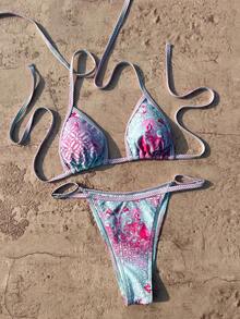 Women's Pink & Blue Gradient Print Bikini Set, Triangle Top With ...