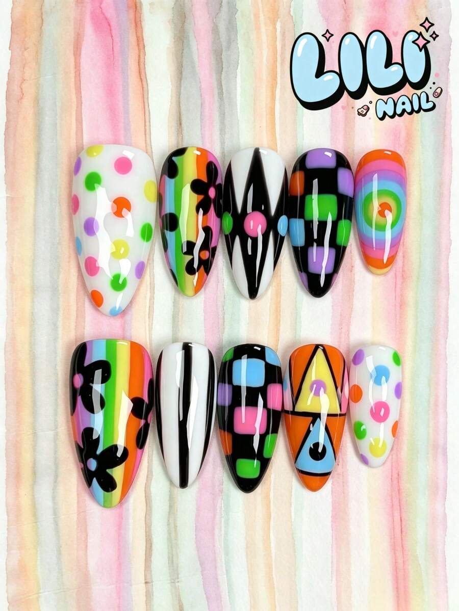 10pcs Handmade Press-On Nails, Almond Shape, Y2K Style, Multicolor ...