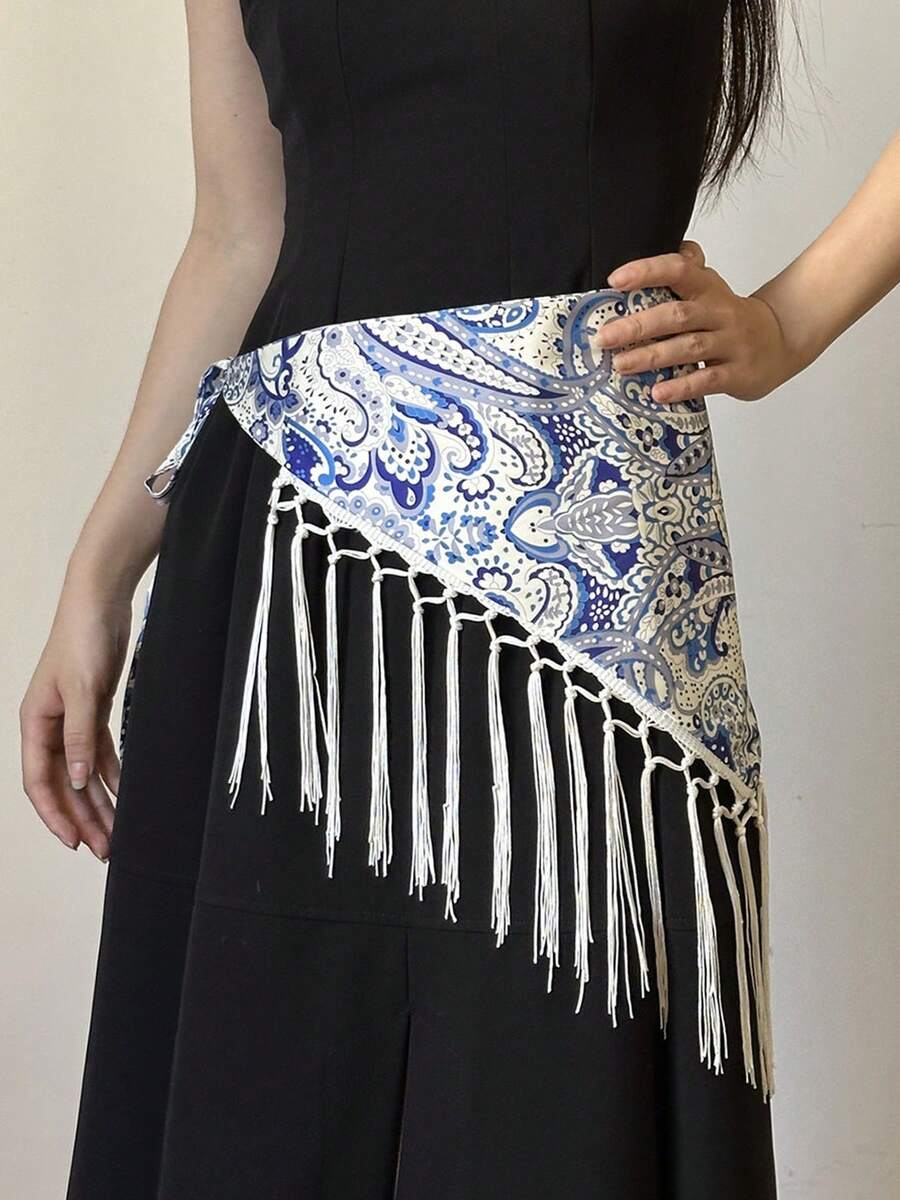 Blue White Paisley Porcelain Print Tassel Triangle Wrap Skirt, Women ...