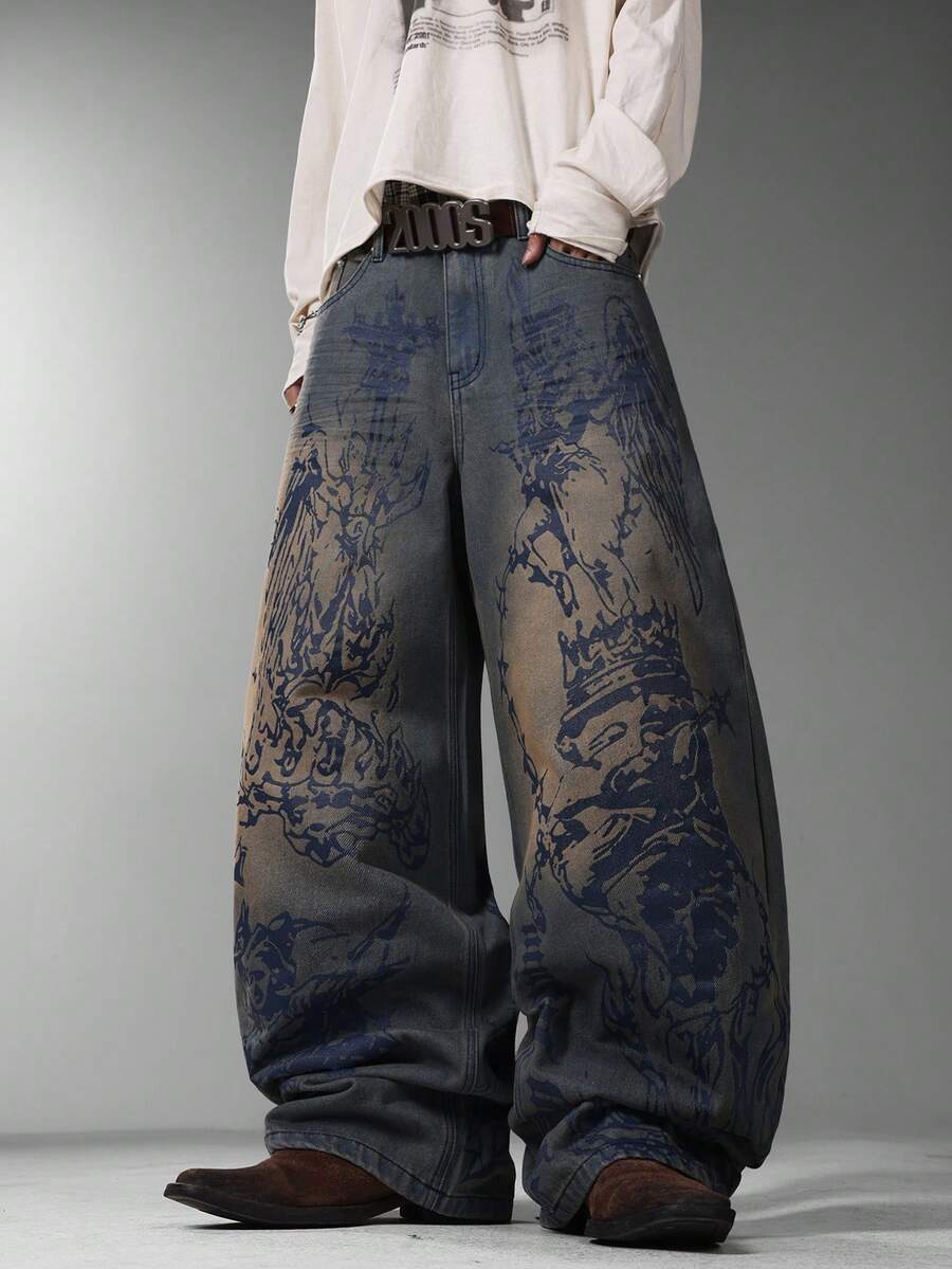 Men's Gothic American Vintage Wide Leg Jeans, Retro Unique Printed ...