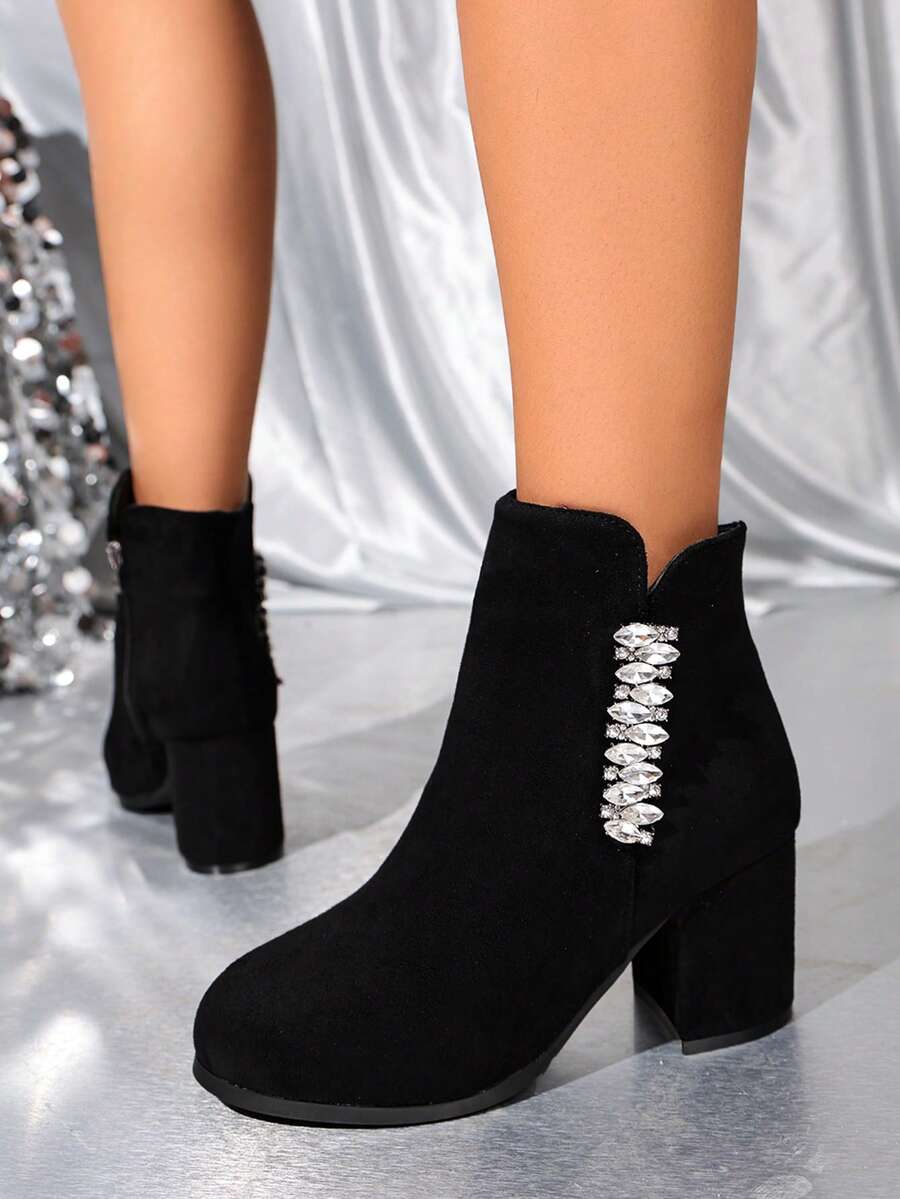 Black Suede Rhinestone Decorated Ankle Boots, Side Zipper Block Heel ...