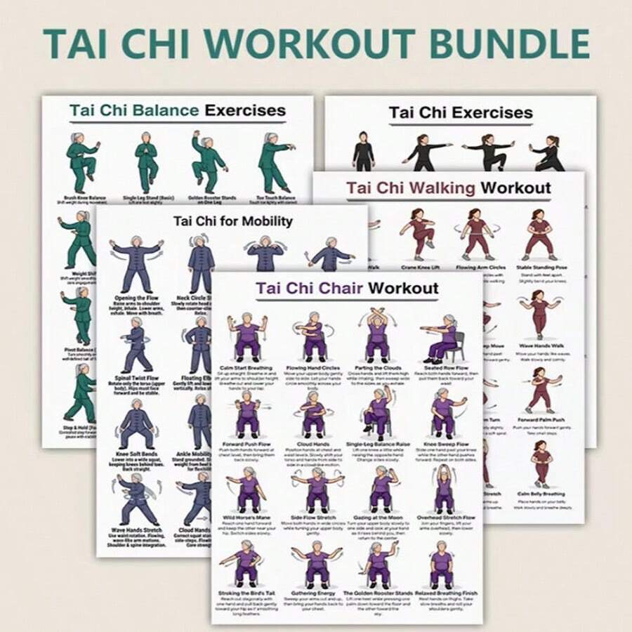 5-Piece Tai Chi Exercise Poster Set, Balance And Flexibility Training ...