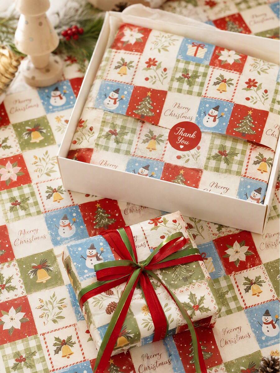 10/20/25/50 Sheets Vintage Plaid Snowman Pattern Tissue Paper, Suitable ...