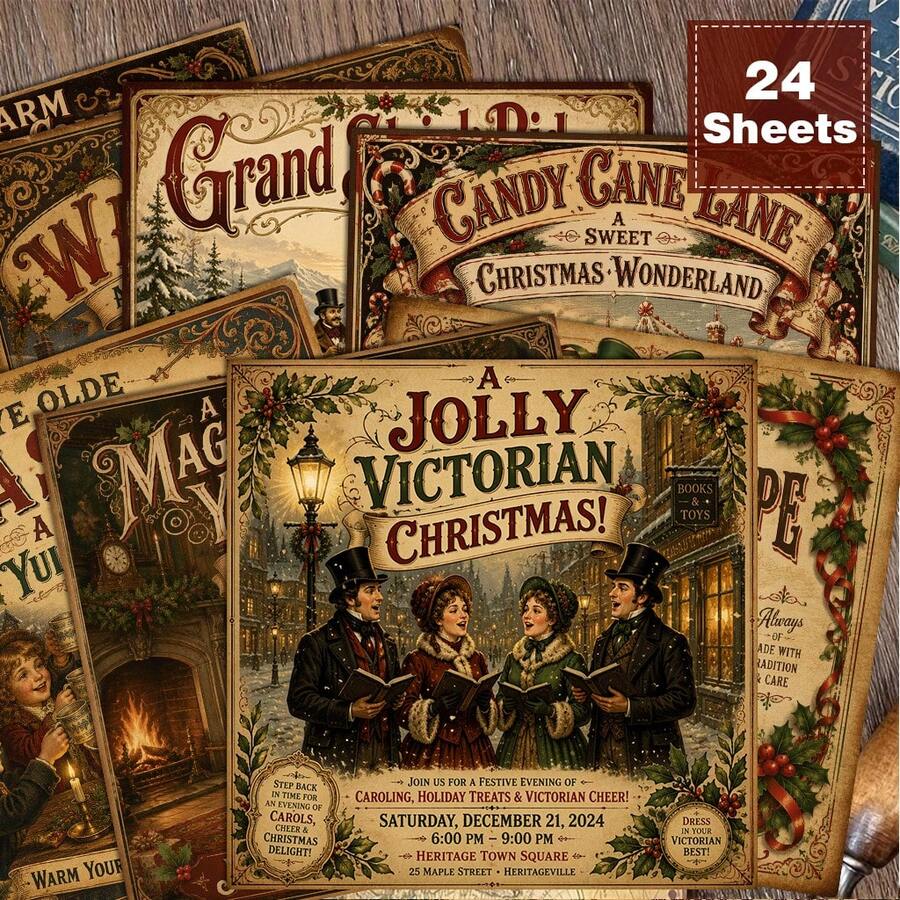 24 Sheets Victorian Vintage Christmas Scrapbook Paper, Retro Holiday ...