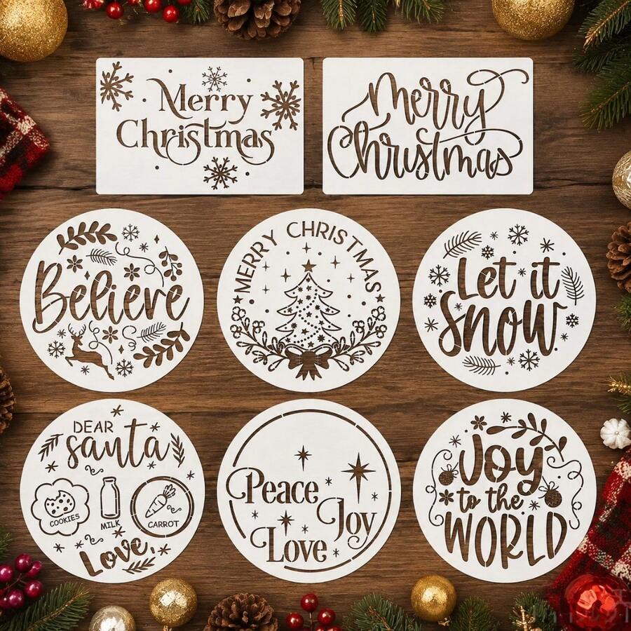 8 Pcs 12 Inch Christmas Festival Pattern Painting Stencils Reusable PET ...