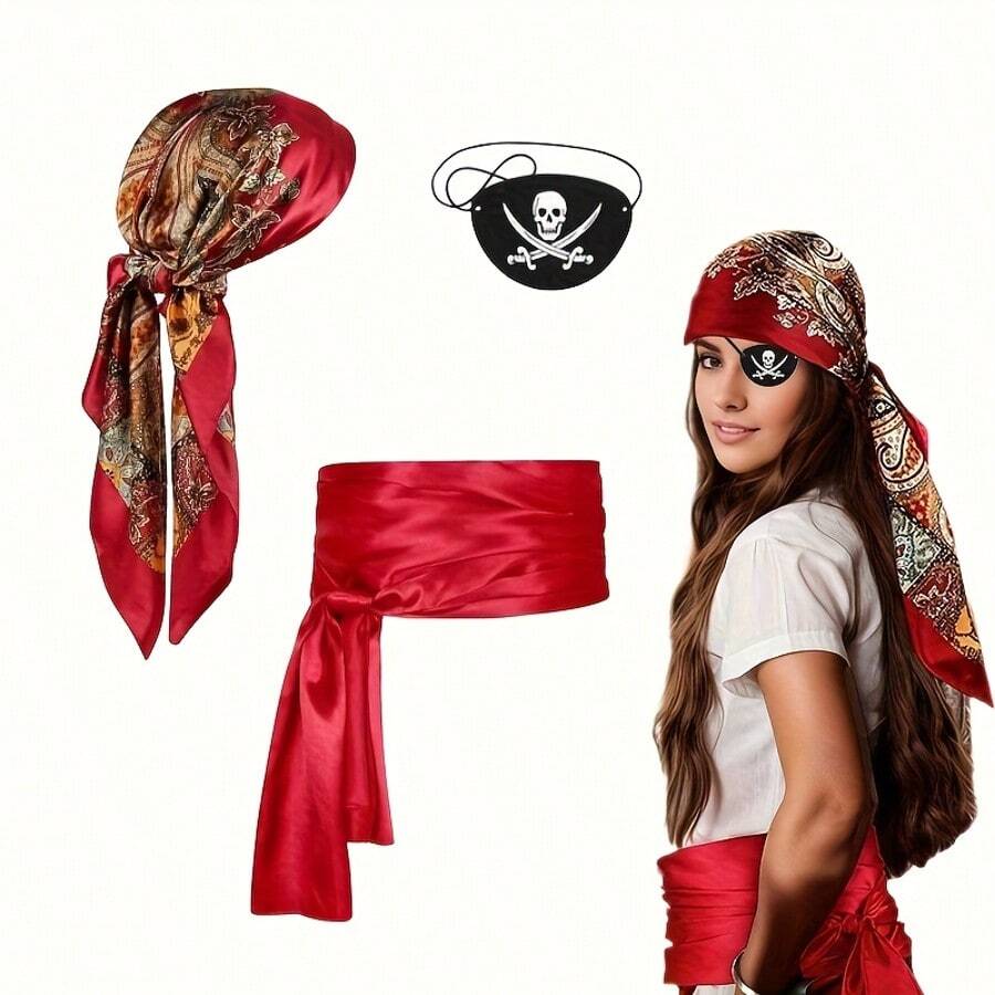 3pcs Women's Pirate Costume Accessories Set, Includes Headscarf, Belt ...