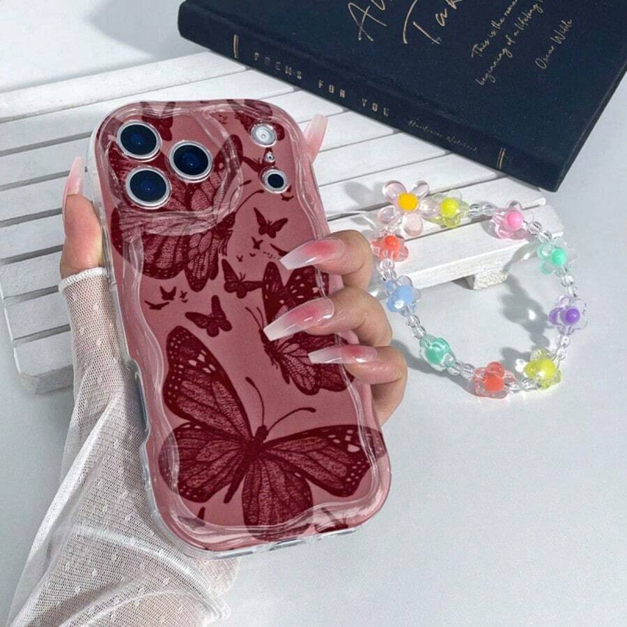 Wavy Edge Bean Paste Base Burgundy Vintage Line Art Butterfly Print ...