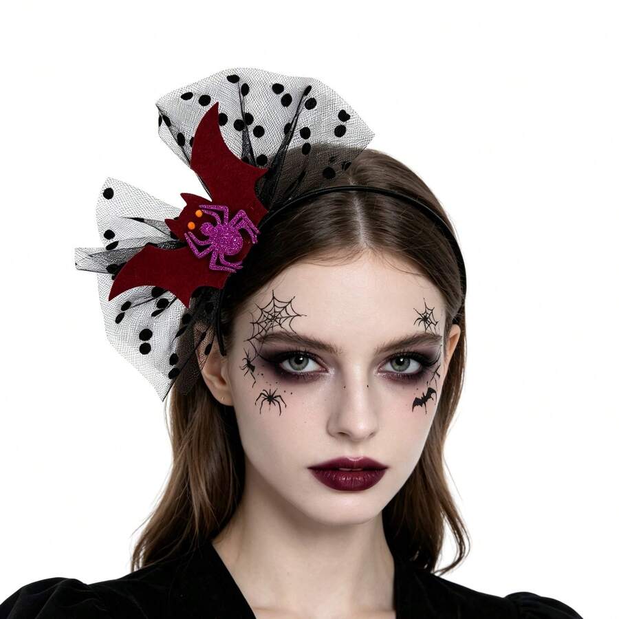 Halloween Polka-Dot Mesh Bow Headband, Funny Bat & Spider Headband ...