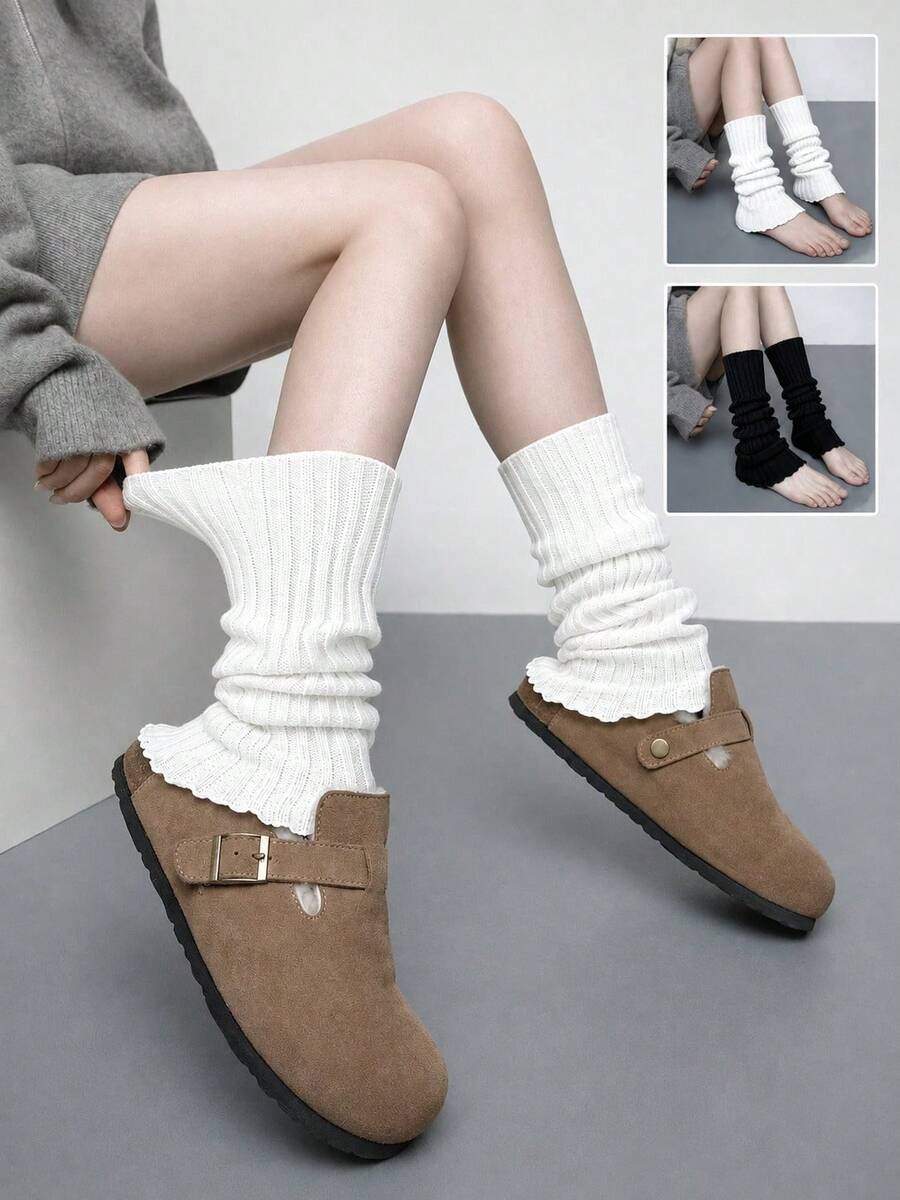 Cotton1 Pair Women's Ribbed Knit Leg Warmers, Y2K Slouchy Ruffle Hem ...