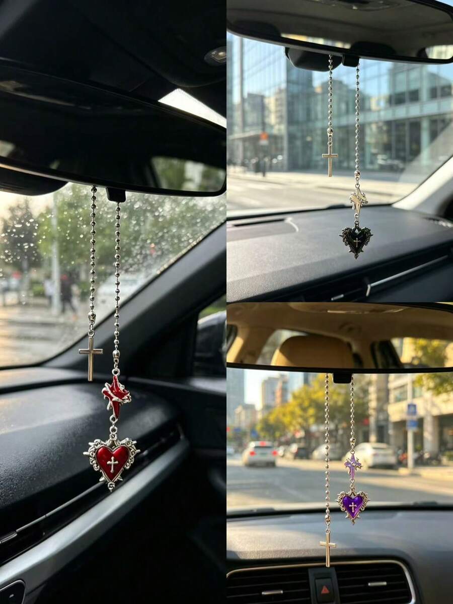 Gothic Style Thorn Heart Cross Car Hanging Ornament, Metal Bead Chain ...