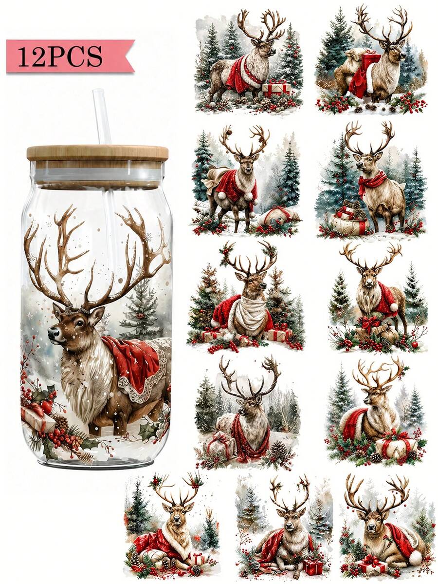 12pcs Christmas Reindeer UV DTF Transfer Stickers - Scratch-Resistant ...