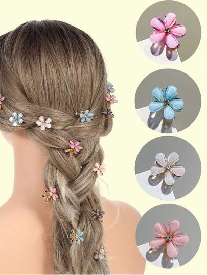 12pcs Mixed Color Mini Alloy Crystal Flower Hair Clips Set, Exquisite ...