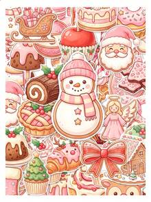 50Pcs Pink Christmas Dessert Stickers, Snowman Santa Gingerbread House ...