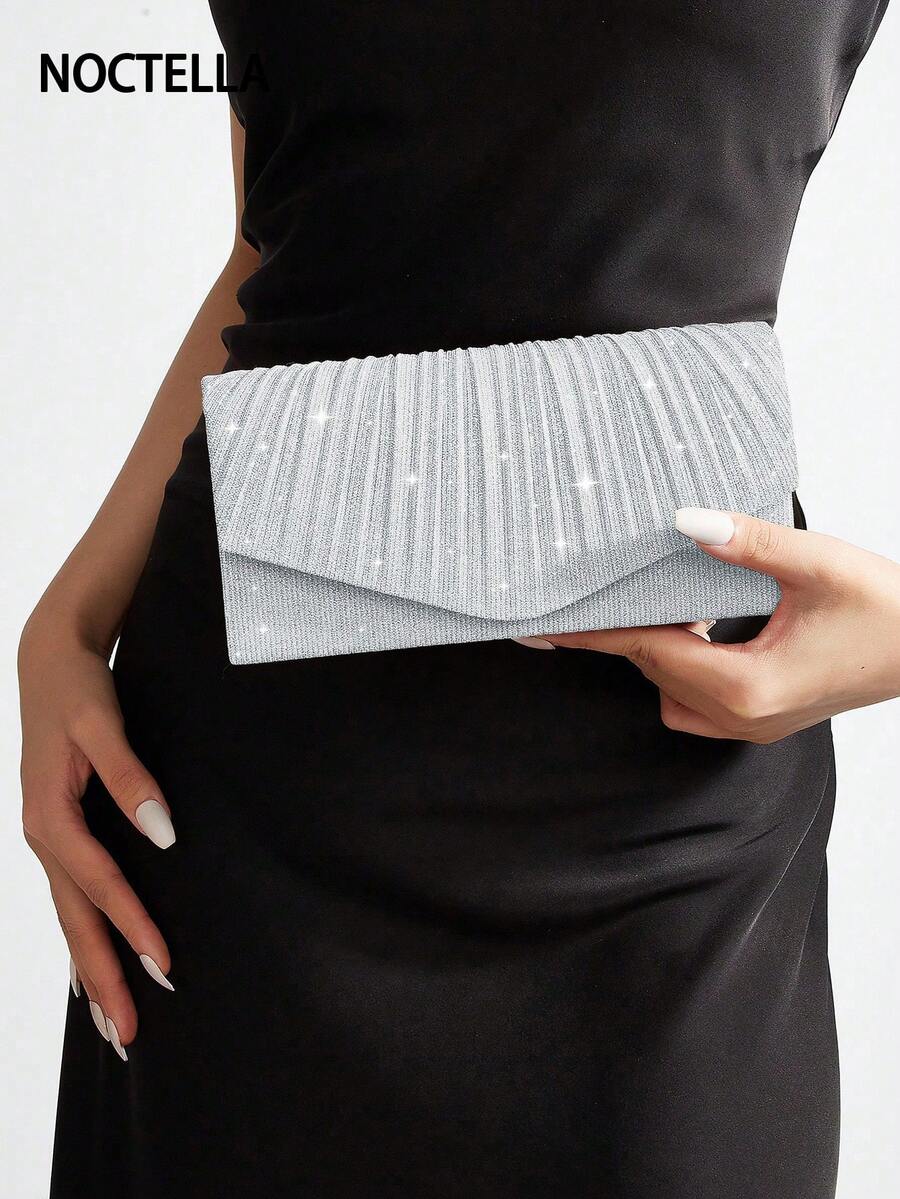 Noctella Vintage Silver Pleated Clutch Bag Sparkling Envelope Evening