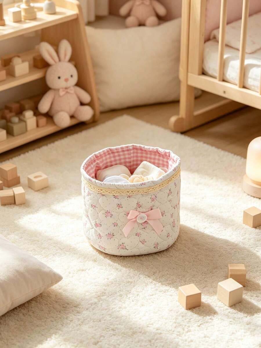 1pc Quilted Storage Basket With Buttons And Bow, Diaper & Toy Organizer ...