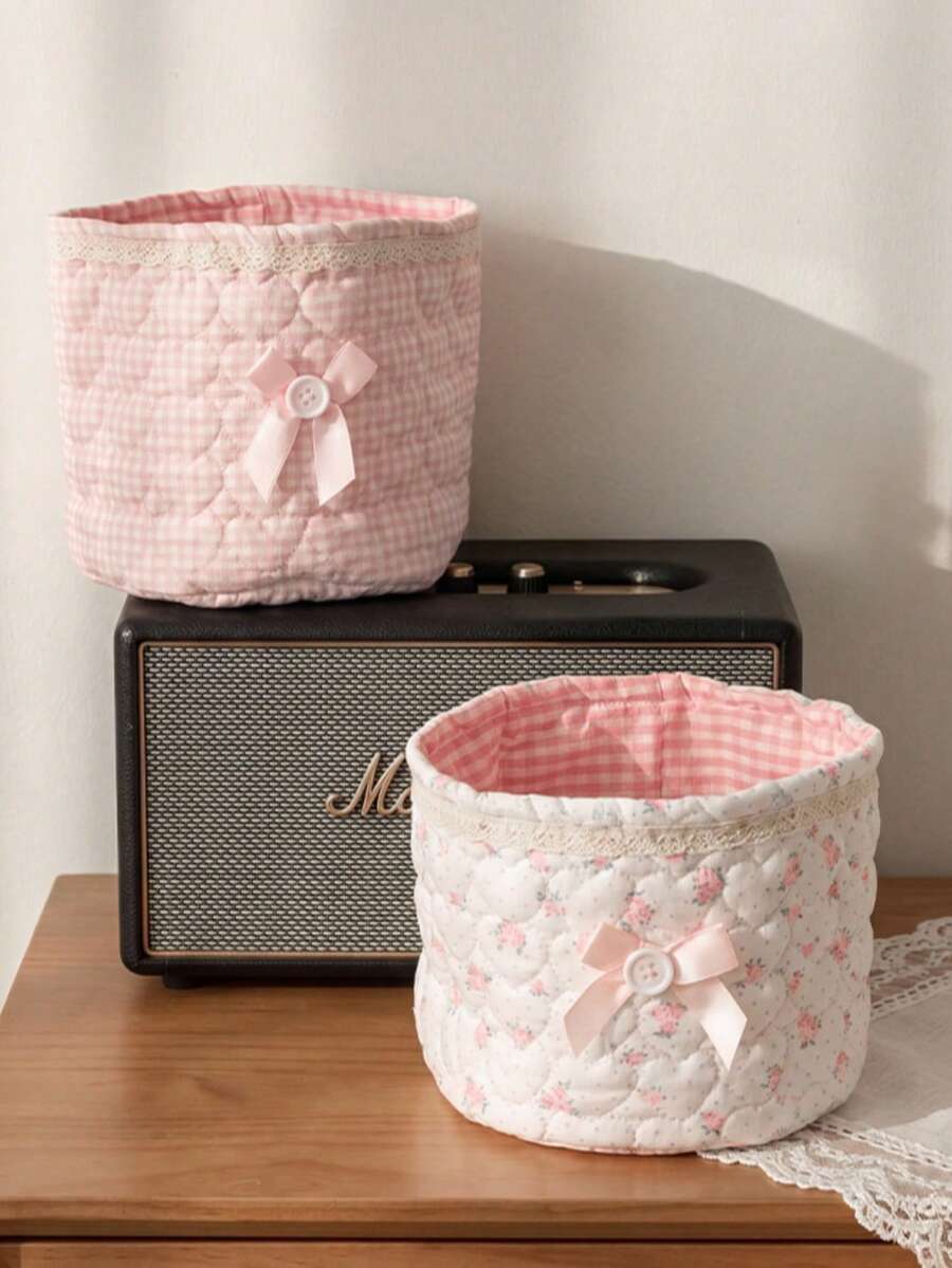 1pc Quilted Storage Basket With Buttons And Bow, Diaper & Toy Organizer ...