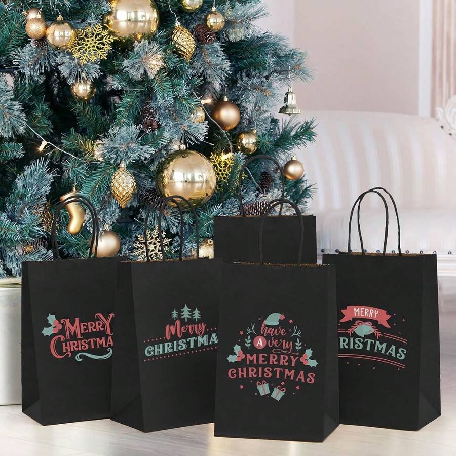 1/10/25/50pcs Black Kraft Paper Bags, Reusable Paper Bags, Suitable For ...