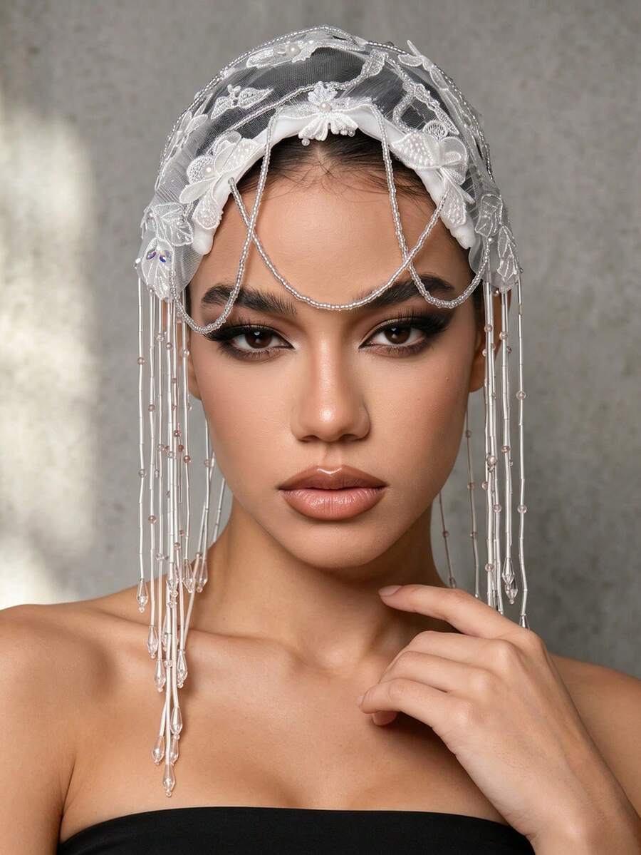 Vintage Floral Lace Snood Veil, Long Crystal Bead Tassel Bridal Wedding ...