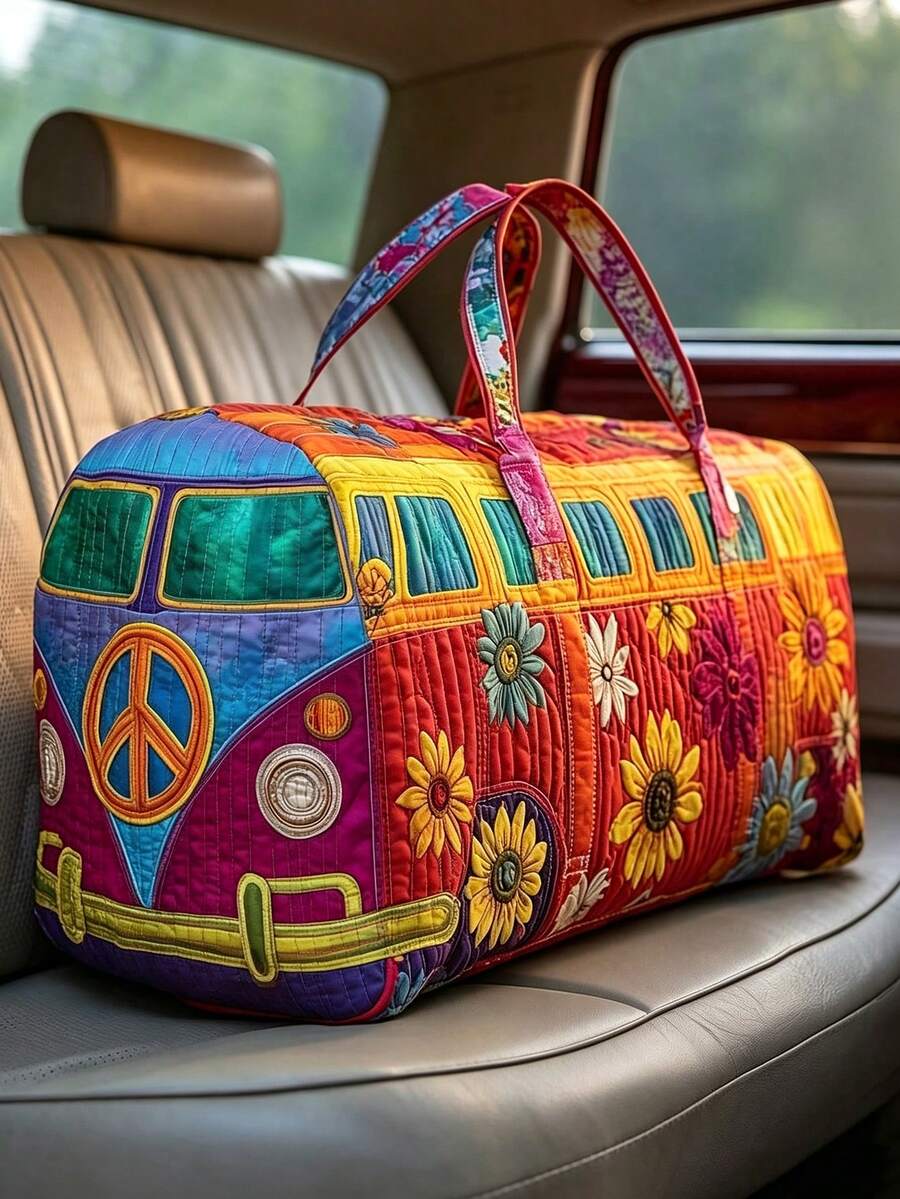 Bohemian Style Bus Shaped Quilted Travel Bag, All-Over Sunflower And ...
