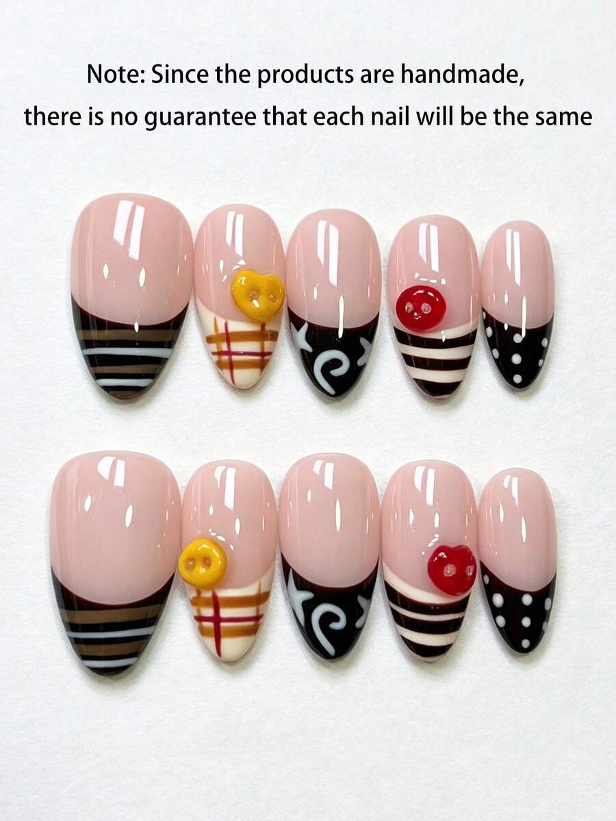 10PCS Handmade Almond Cute Button Press On Nails, Nude Mixed Plaid ...