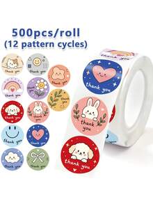 500pcs/Roll Illustrated Thank You Heart Sticker Roll Multicolor Puppy ...
