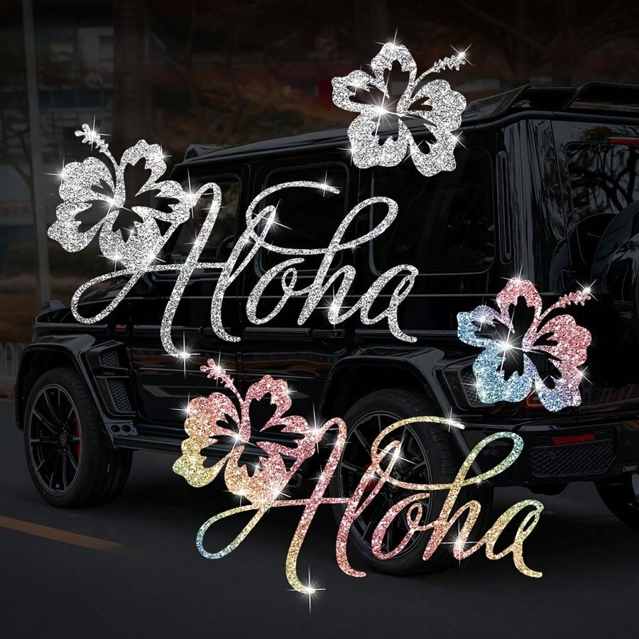 Aloha Hibiscus Flower Car Window Decal, Sparkle‑Effect Lettering Floral ...