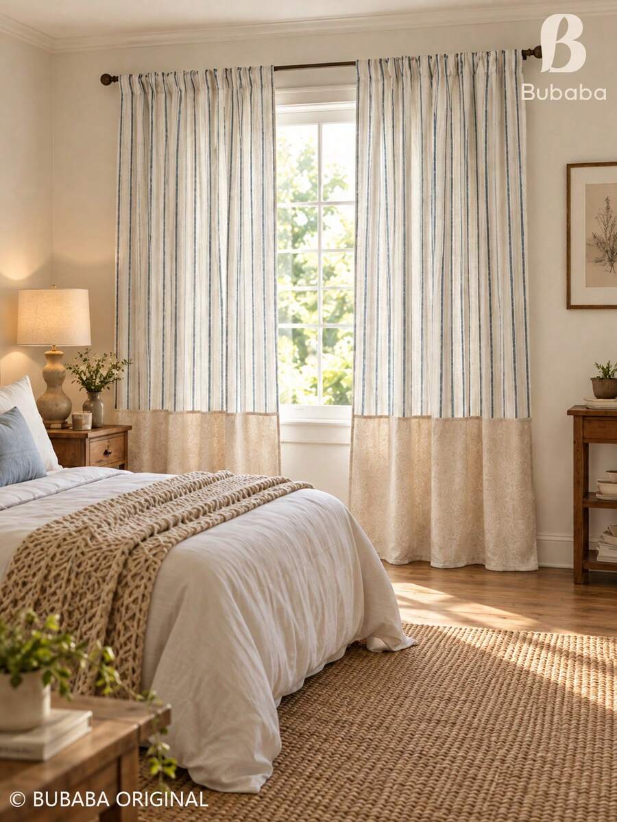 1pc Blue Striped Linen Texture Rod Pocket Curtain, Farmhouse Style ...