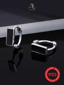 1 Pair S925 Sterling Silver Rectangular Black Enamel Geometric Hoop ...