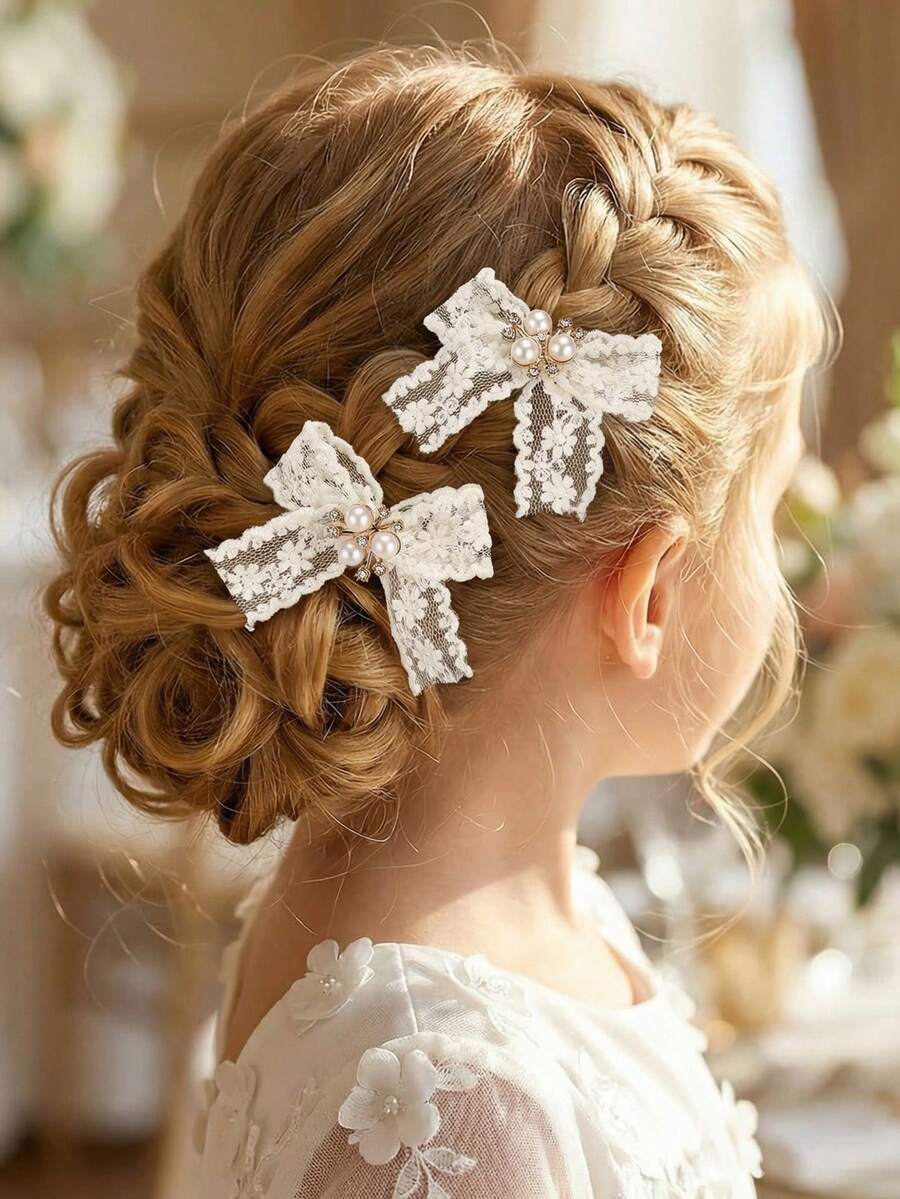 5pcs/Set Girls French Style White Lace Bow Hair Clips Vintage Pearl ...