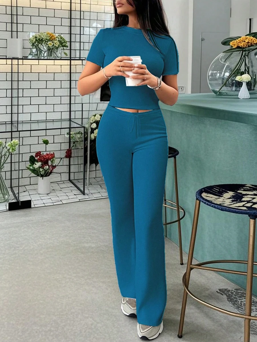 Damen Mode kurze Ärmel Crop Top und Taillenbund Weite Hose Sportanzug ...