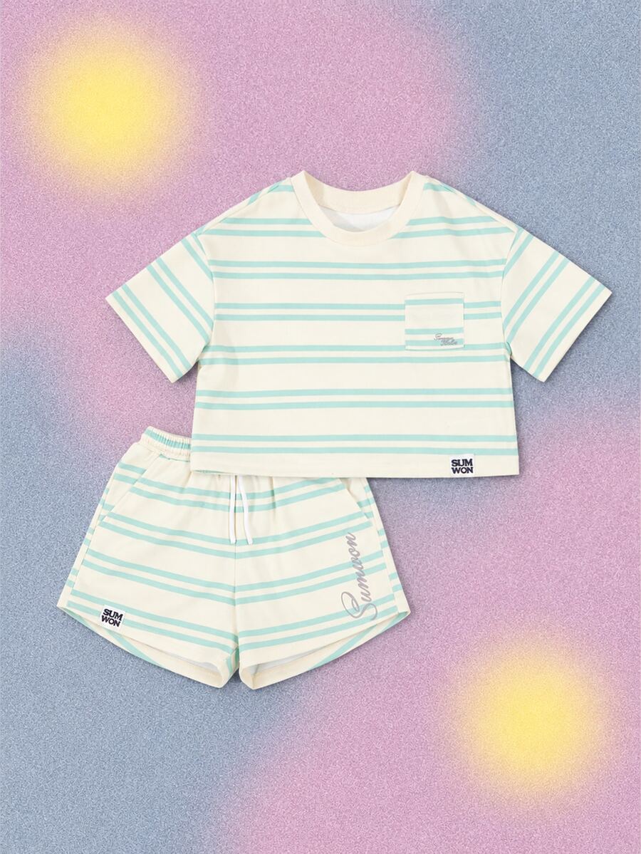 SUMWON Boys Striped Co-Ord Set Cropped Tee And Shorts With Chest Pocket ...