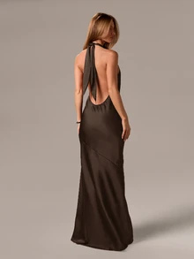 AiiRZ Halter Neck Bias Cut Satin Maxi Dress With Open Back Tie Detail ...
