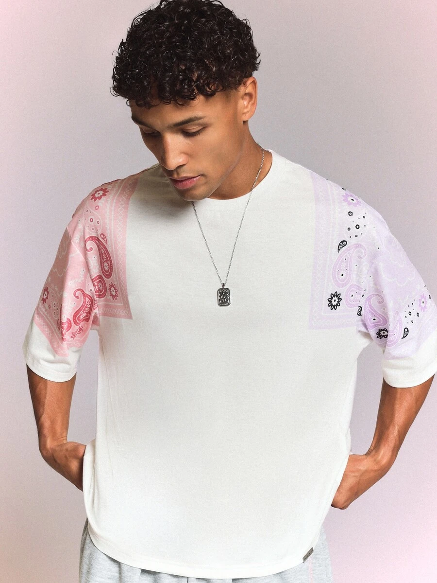 SUMWON Oversized Bandana Paisley Print Colorblock T-Shirt With Crew ...