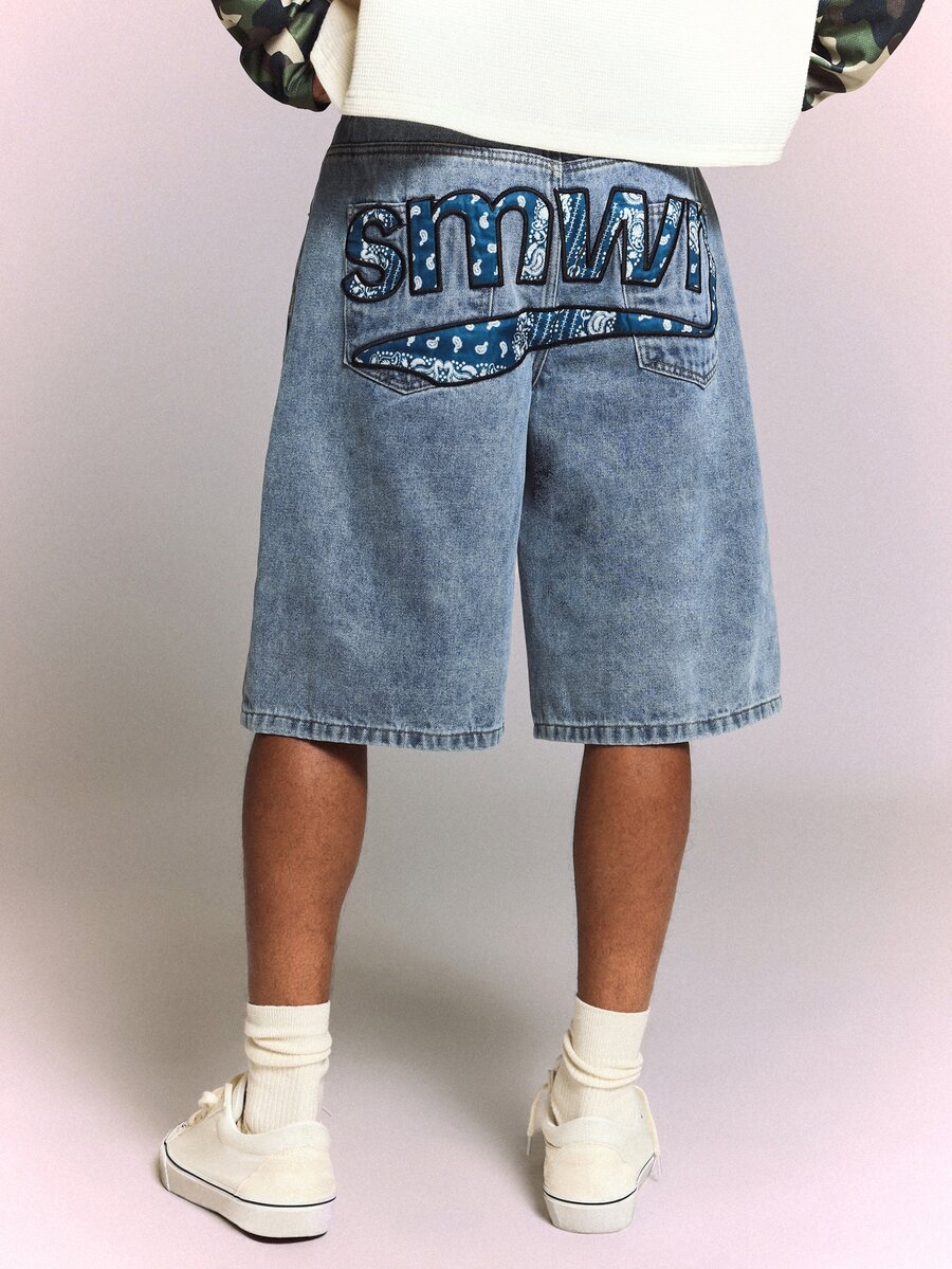 SUMWON Baggy Wide Leg Jorts With Paisley Bandana Applique Back Logo ...