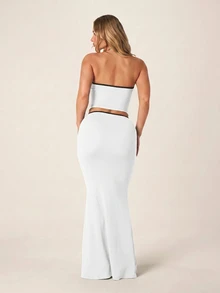 Halter Neck Crop Top And Maxi Skirt Two-Piece Co-Ord Set With Contrast ...
