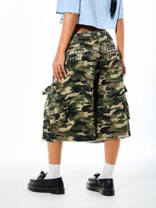 SUMWON WOMEN Camo Cargo Jorts With Silver Studs Wide Leg Bermuda Shorts ...