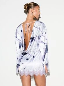KIZN Satin Cowl Neck Plunge Mini Dress With Lace Trim Hem Tie Dye Print ...