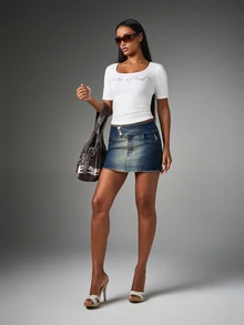 BABYPHAT Y2K Style Denim Mini Skirt With Embroidered Pockets Raw Hem ...