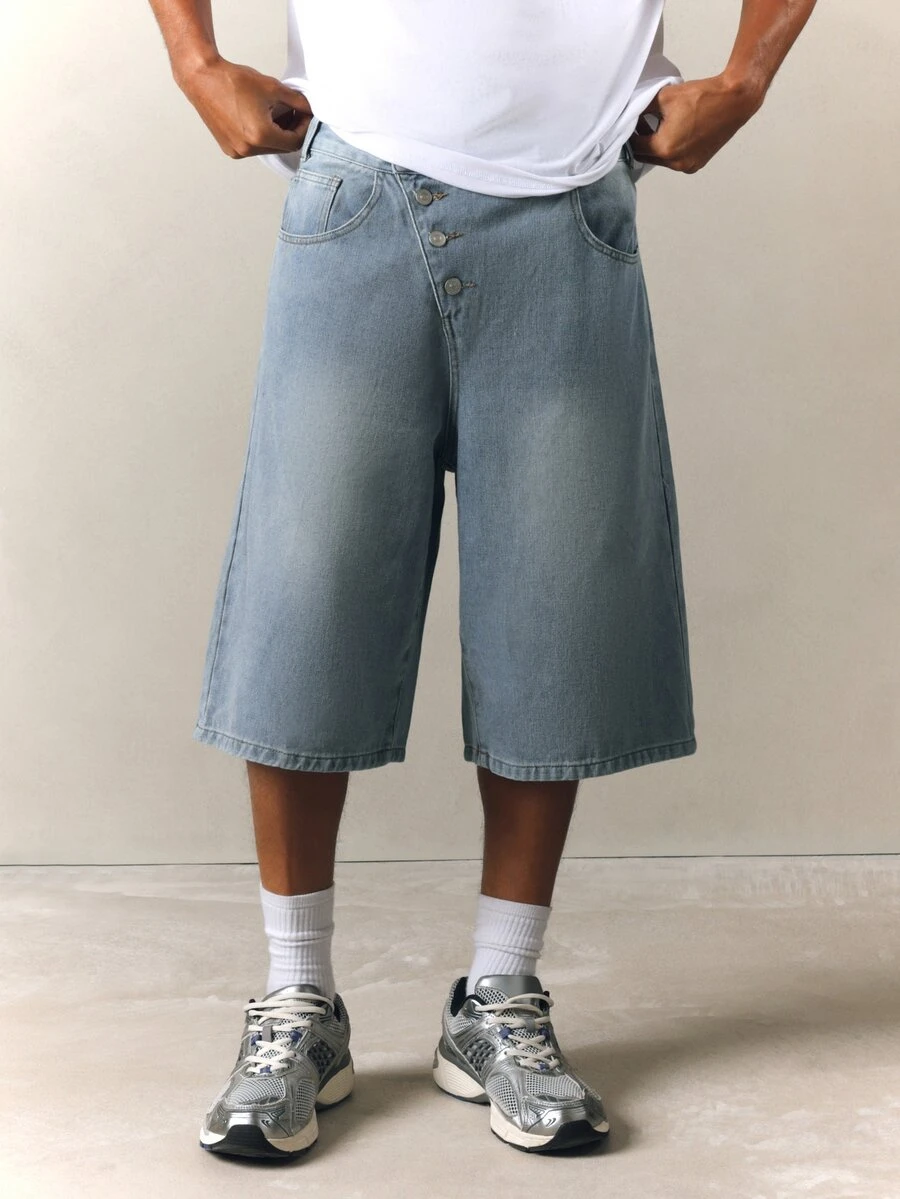 PLAYBOY X SUMWON Casual Wide Leg Denim Jorts Button Fly Light Wash ...