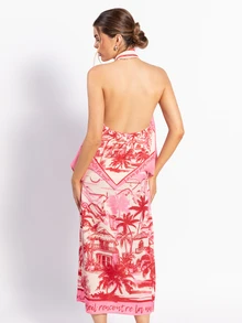 Rouah Womens Vacation Casual Tropical Print Backless Halter Scarf Neck ...