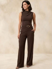 QUIZ Women's Brown Elastic Wide Leg Trousers Resort Casual Relaxed Fit ...