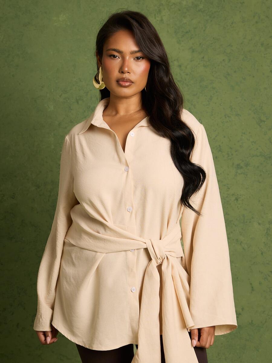 FASHION SZN Plus Size Tie Waist Detail Button Through Shirt Curve Long ...