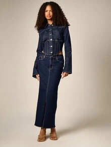AiiRZ Denim Corset Hem Cropped Trucker Jacket With Button Up Closure ...