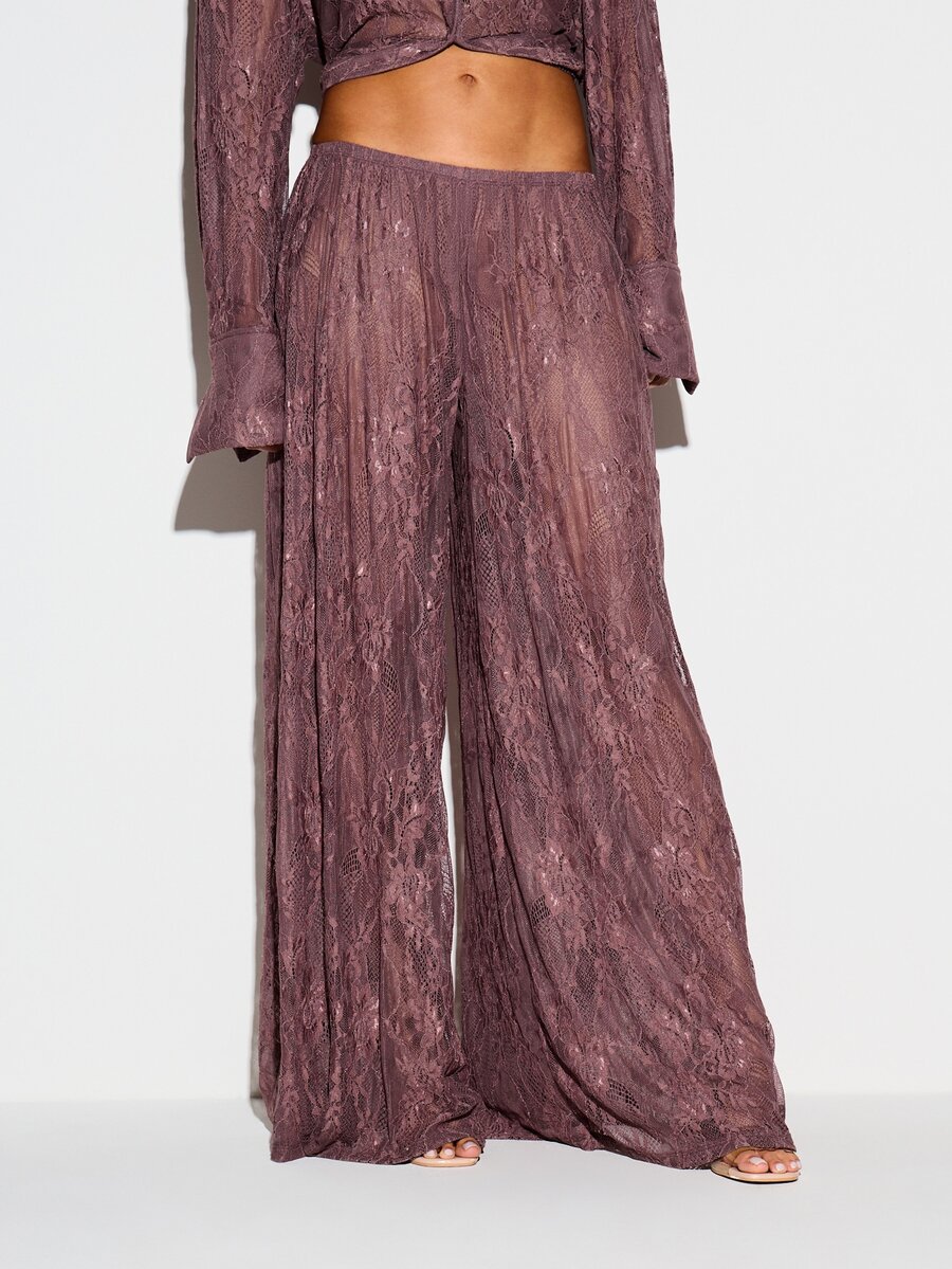 KIZN Floral Lace Wide Leg Trouser With Elastic Waist Semi Sheer Palazzo ...