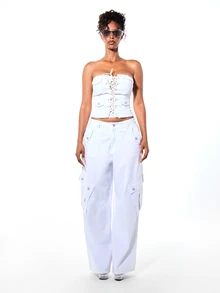 SUMWON WOMEN Twill Baggy Wide Leg Cargo Trousers With Multi Button ...
